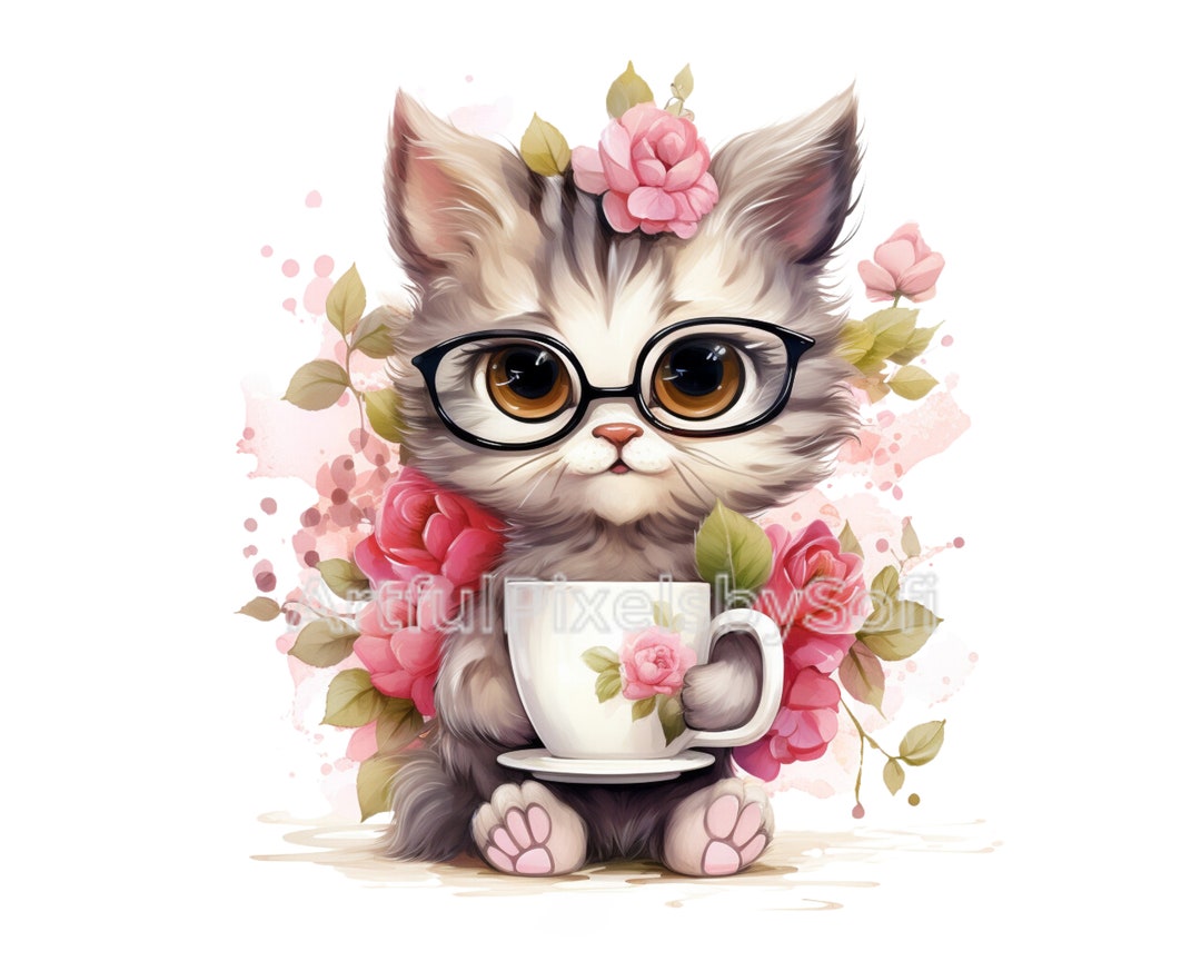 7 Cute Flower Coffee Cat Clipart Designs, 406 DPI, Printable,no ...