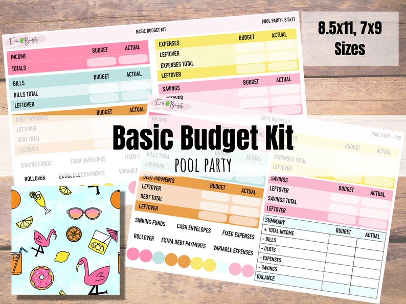 Basic Budget Kit Pool Party Theme Paycheck Worksheet Budget Planner ...