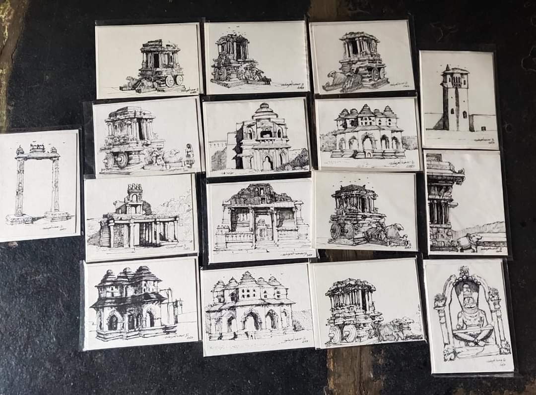 Historic Monuments of Hampi Made With Pen Sketch on Paper - Etsy