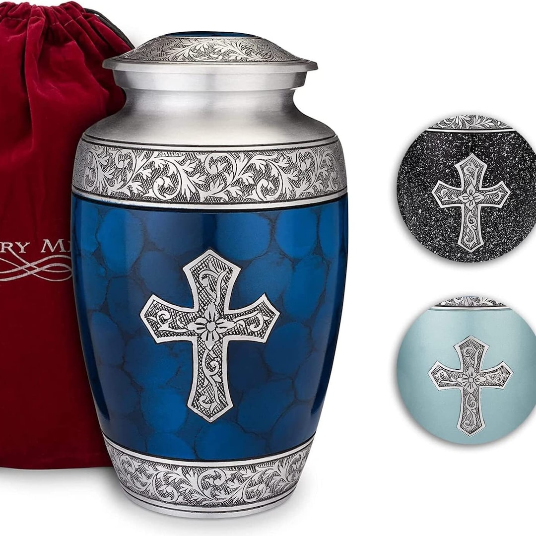 Blue Cross Urn for Human Ashes With Velvet Bag - Cremation Urn for ...