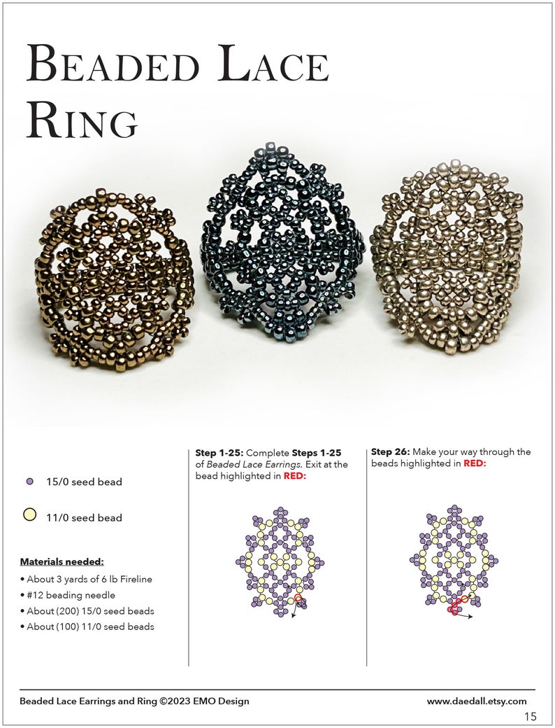 BEADING TUTORIAL - Beaded Lace Earrings and Ring - Etsy