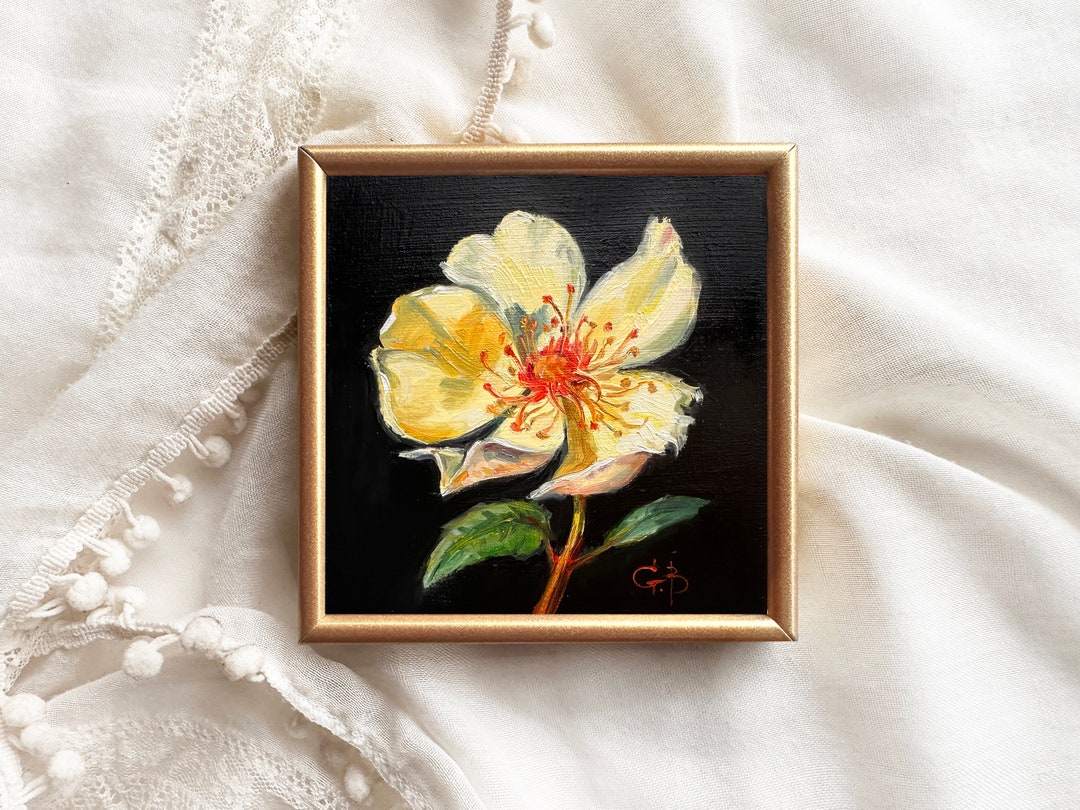 MINIATURE FLOWER Painting Yellow Wild Rose 4 X 4 In. Rosehip Gallery ...