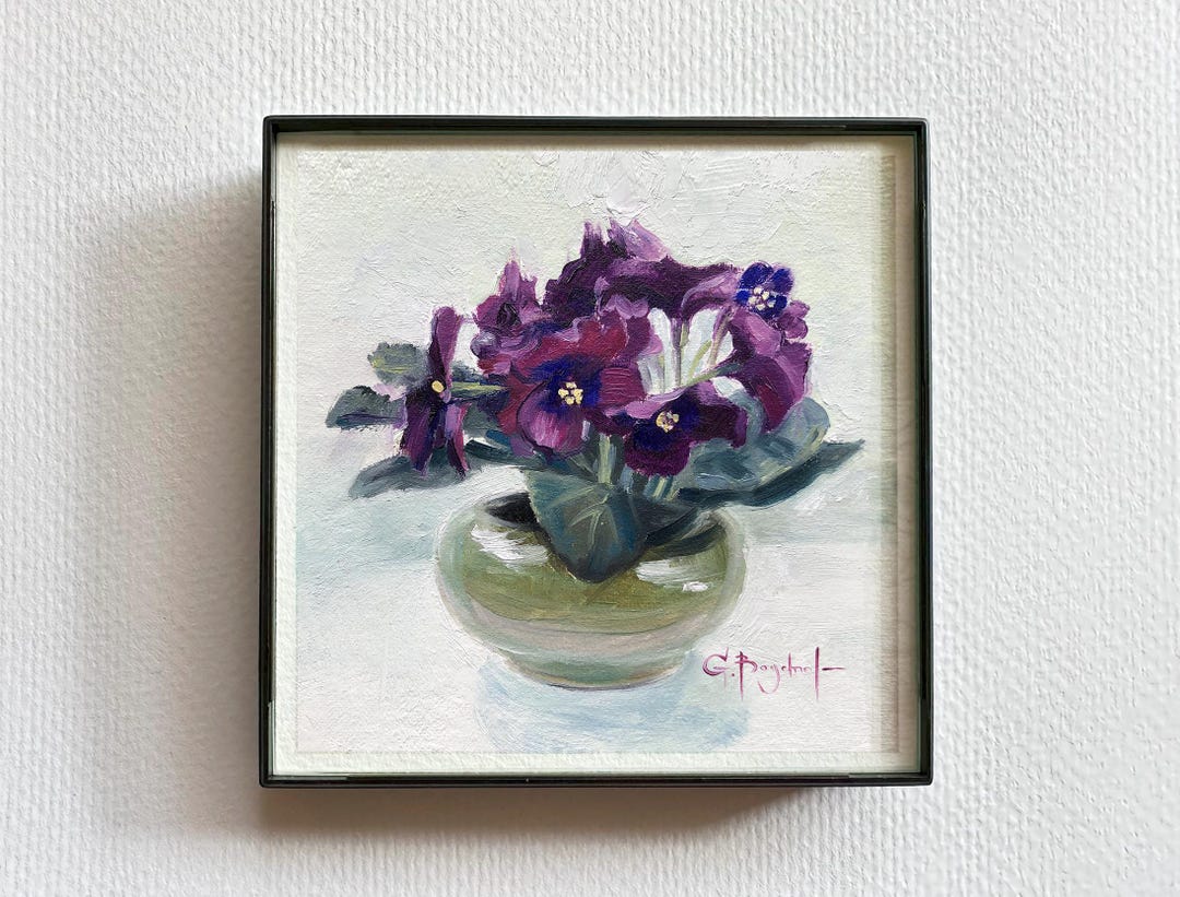 Violets Art Print - Miniature Botanical Painting, Framed 4x4 Wall Decor ...