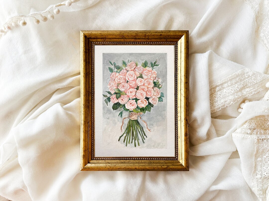 BOUQUET of PINK ROSES Original Gouache Painting Neutral Colors Floral ...