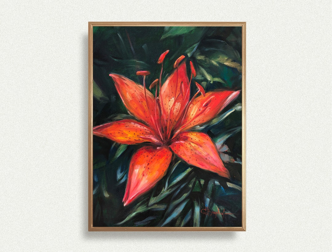 LILY Oil Painting Original Art Red Orange Lily Flower Floral Wall Decor ...