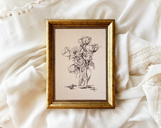 ROSES in a VASE Ink Drawing Original Art Still Life Bouquet of Rose ...