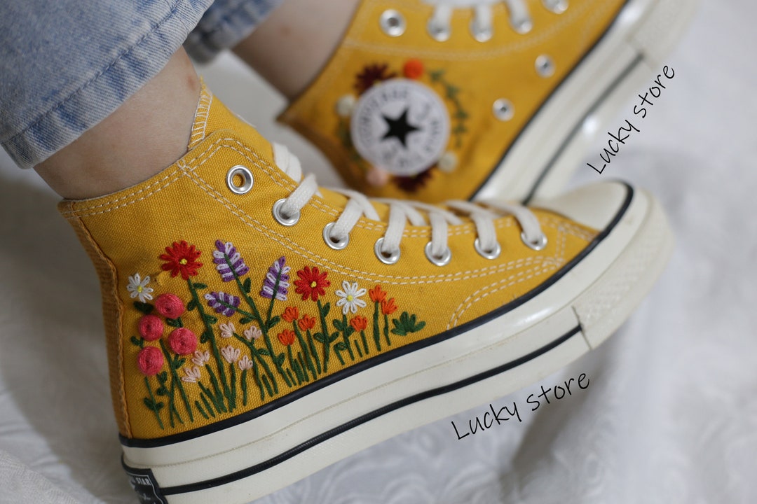 Embroidered Converse/ Flower Embroidered Sneakers/ Converse Yellow High ...
