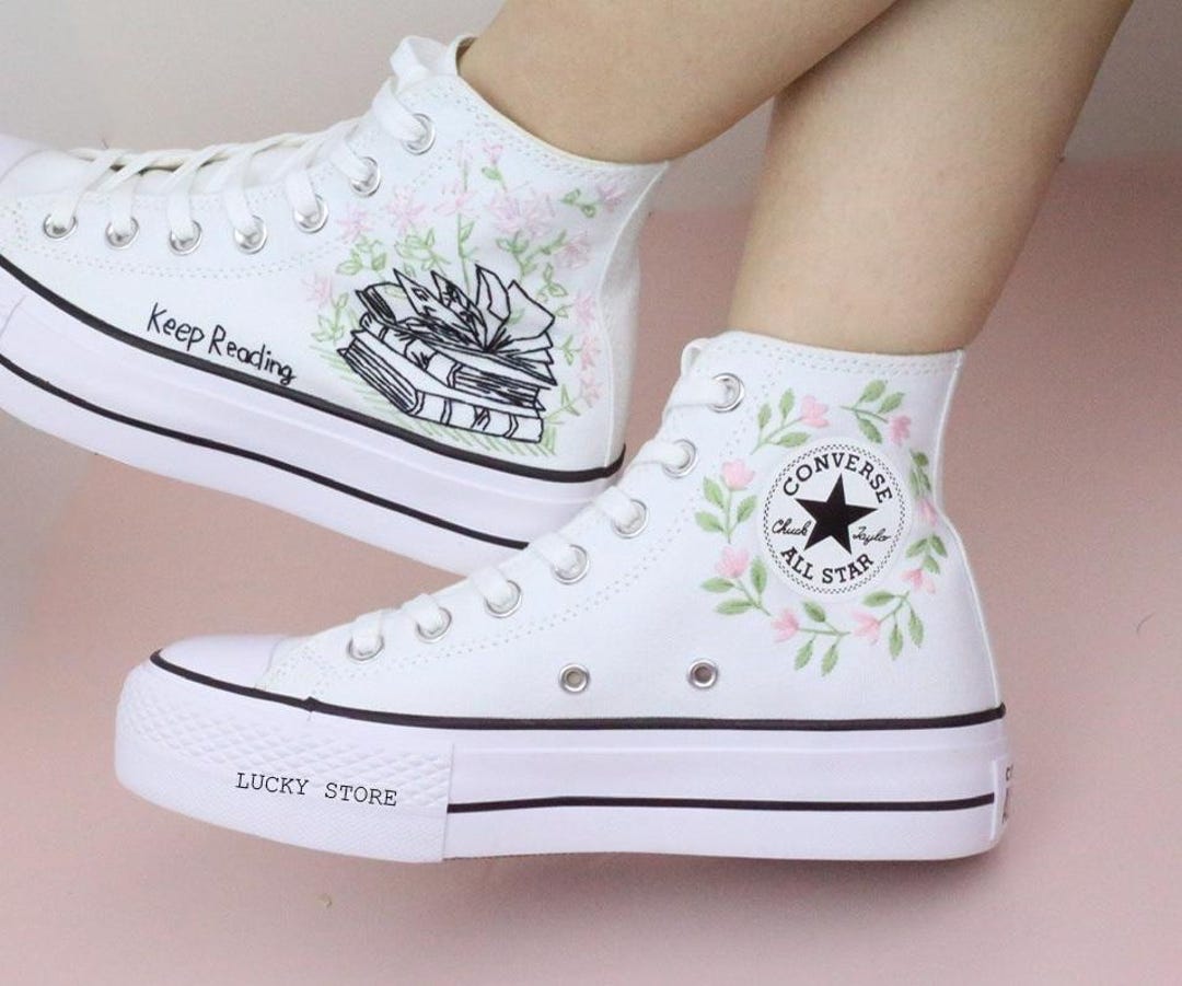 Custom Converse Platform, Flowers, Books Embroidered Shoes, Sun ...