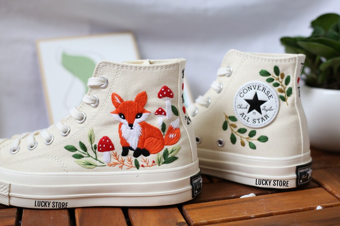 Embroidered Converse High Tops Fox, Mushroom and Flower Garden ...