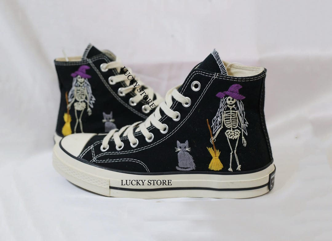 Custom Embroidered Sneakers, Witch and Black Cat Shoes, Halloween Vibes ...