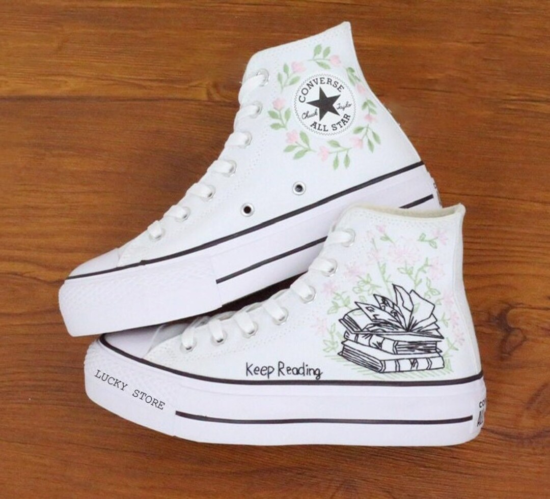 Custom Converse Platform/ Flowers, Books Embroidered Shoes/ Converse ...
