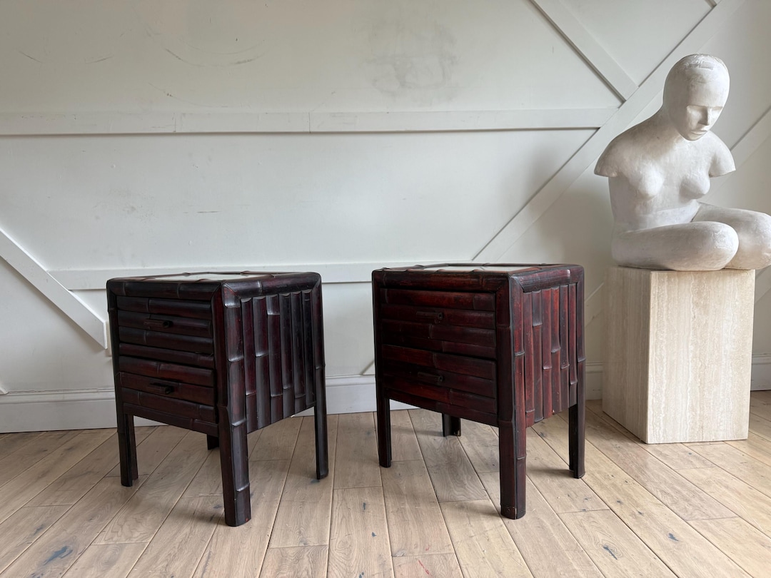 Vintage Pair of Split Bamboo Rattan Veneer Bedside Chests – Mid Century ...