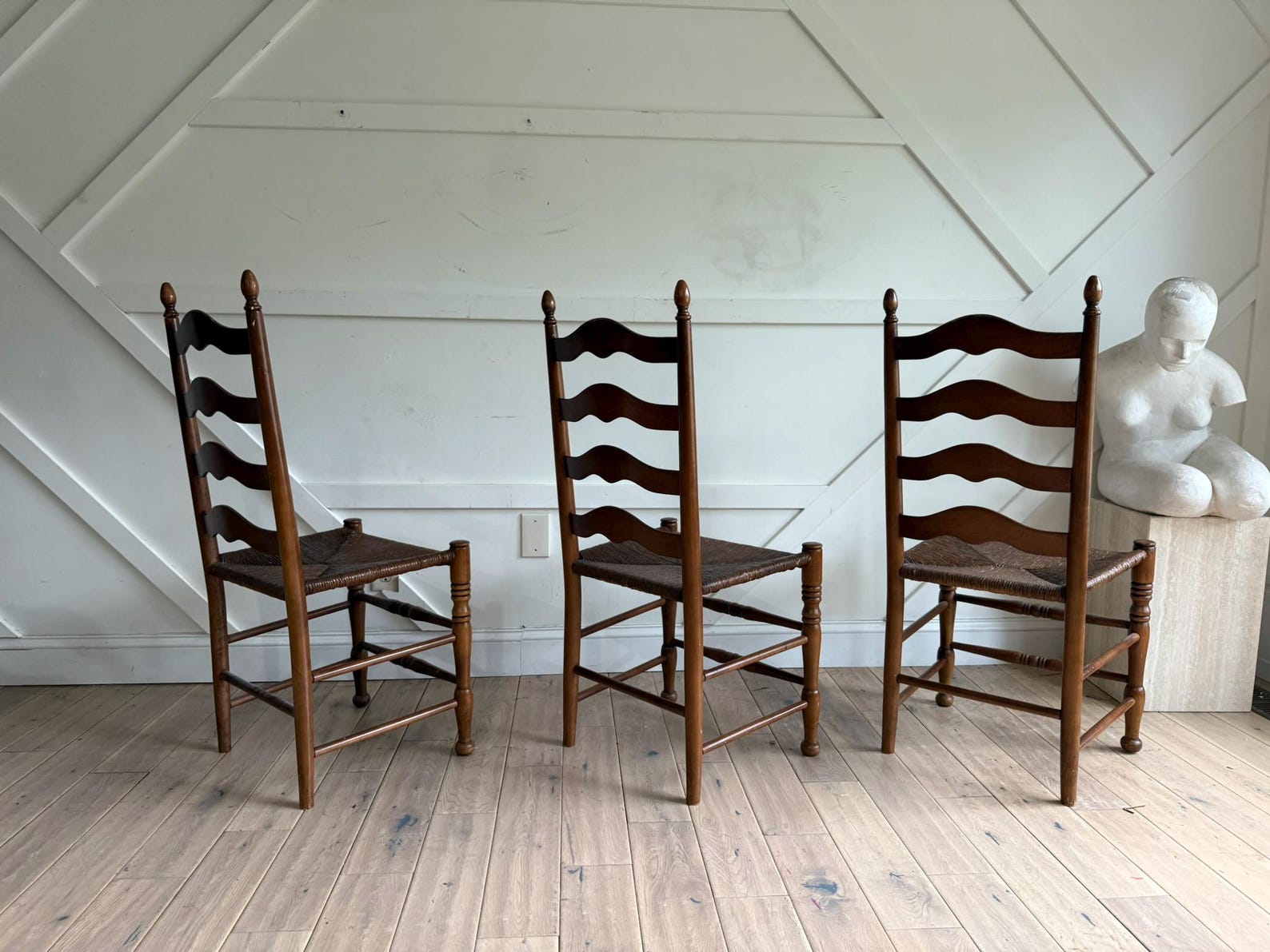 Set of 3 Antique Ripple Back Ladder Chairs: Rustic Farmhouse Seating - Etsy