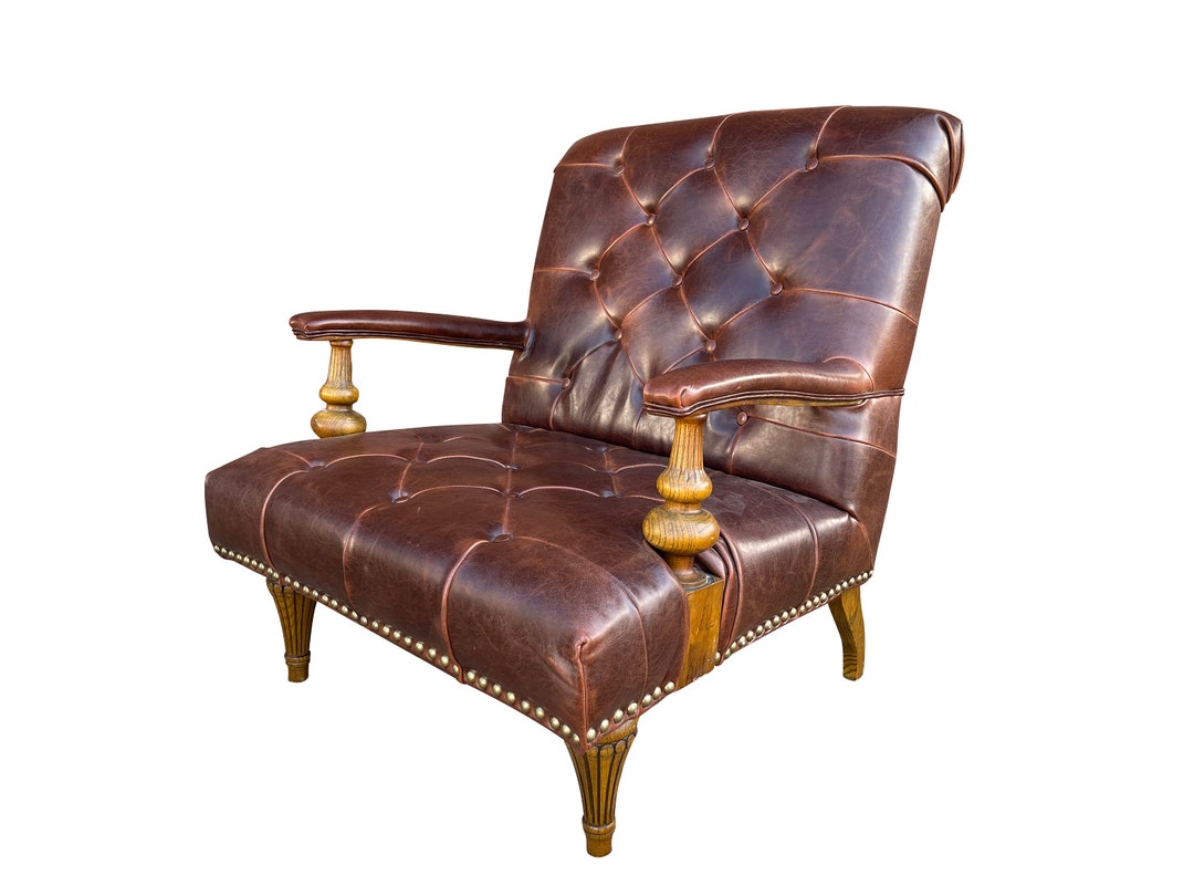 Vintage Genuine Leather Side Chair, Oversized Large Fireside Leather ...