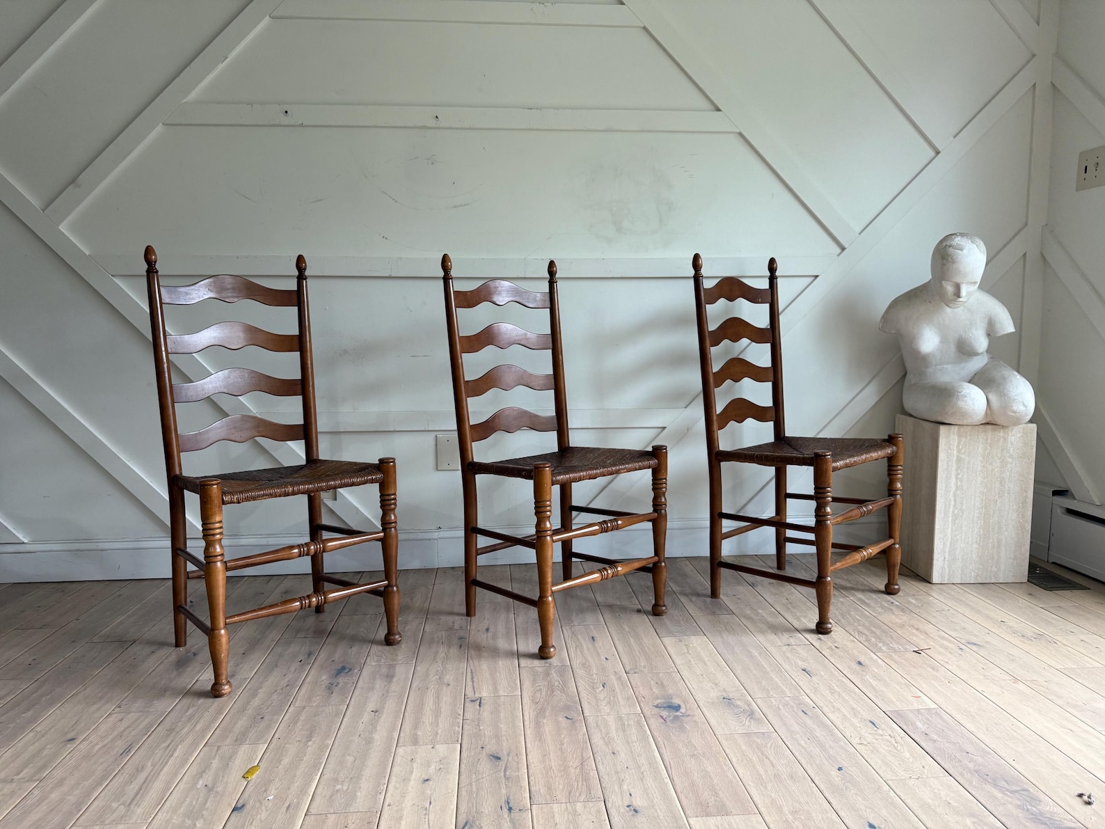 Set of 3 Antique Ripple Back Ladder Chairs: Rustic Farmhouse Seating - Etsy