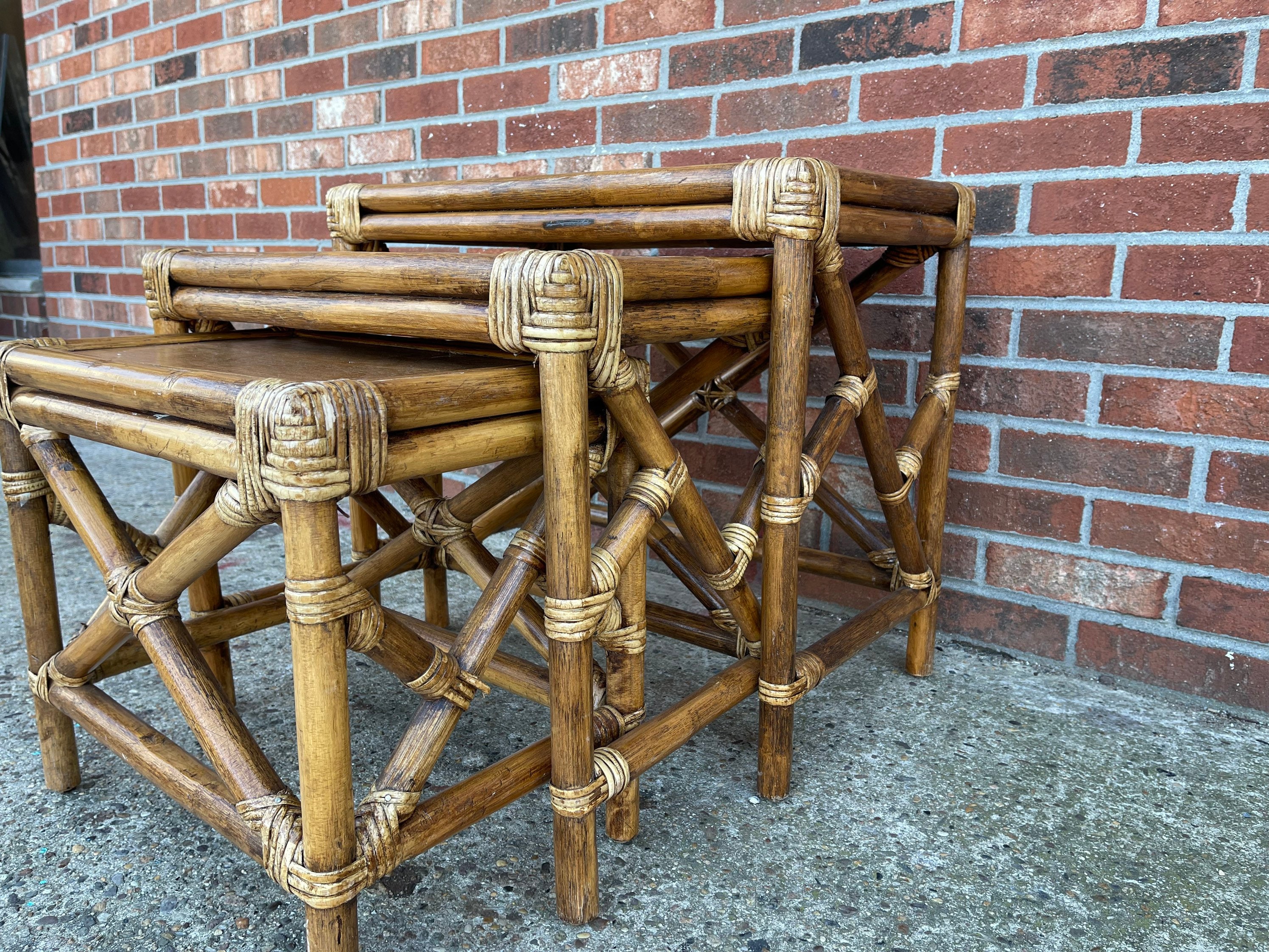 Set of 3 Bamboo Rattan Nesting Side Tables With Mahogany Top - Etsy