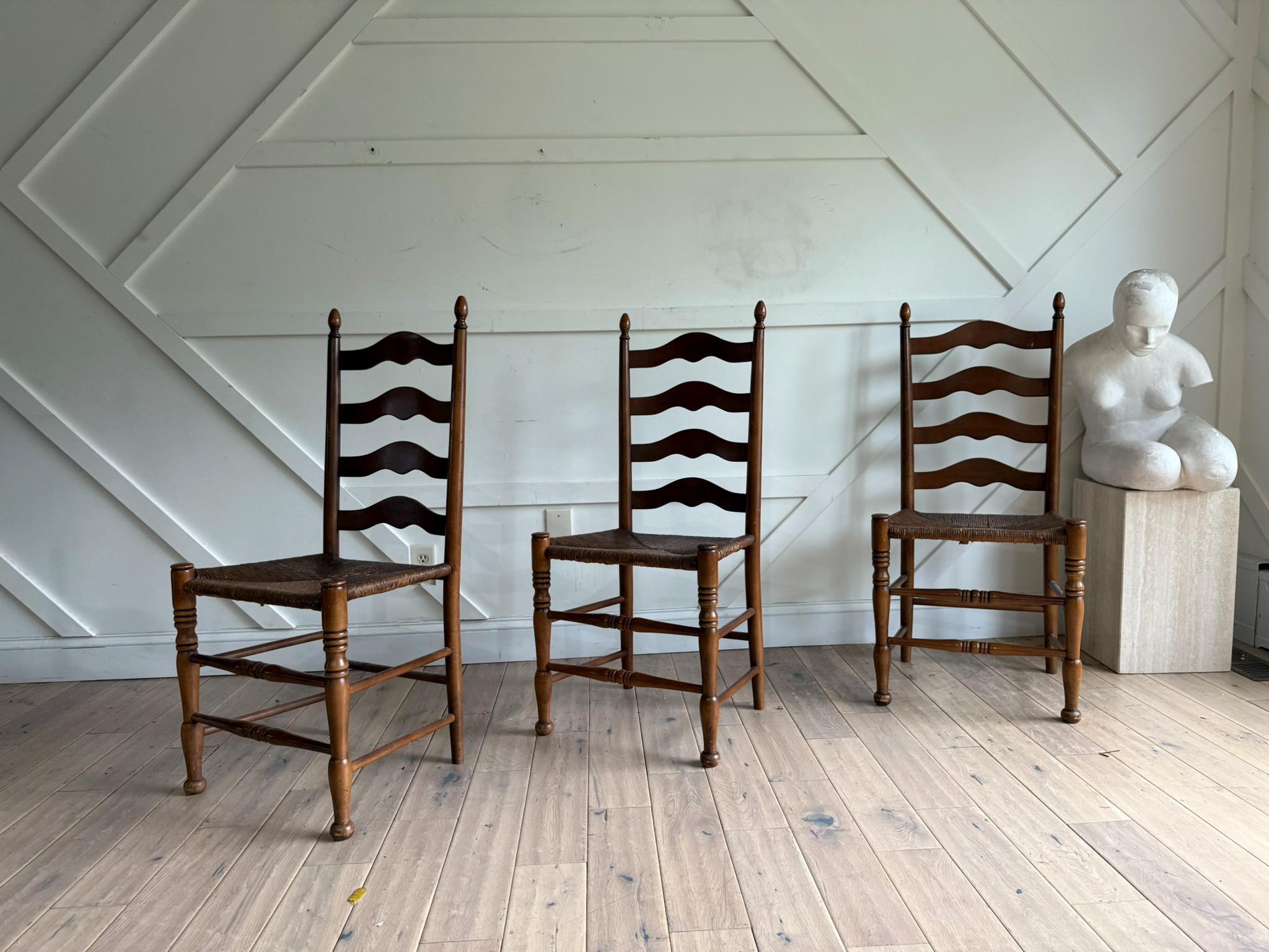 Set of 3 Antique Ripple Back Ladder Chairs: Rustic Farmhouse Seating - Etsy