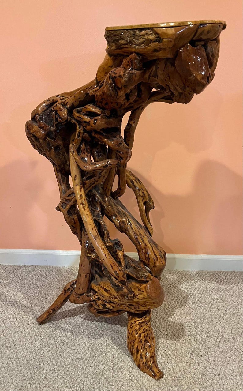 Varnished Driftwood Root Natural Organic Wood Pedestal Side End Table ...