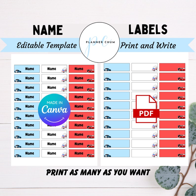 Emergency Vehicles Editable School Labels, Printable Name Labels for ...