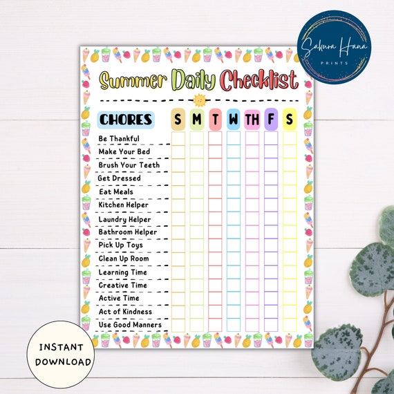 Summer Daily Checklist for Kids to Do List Printable Chore | Etsy