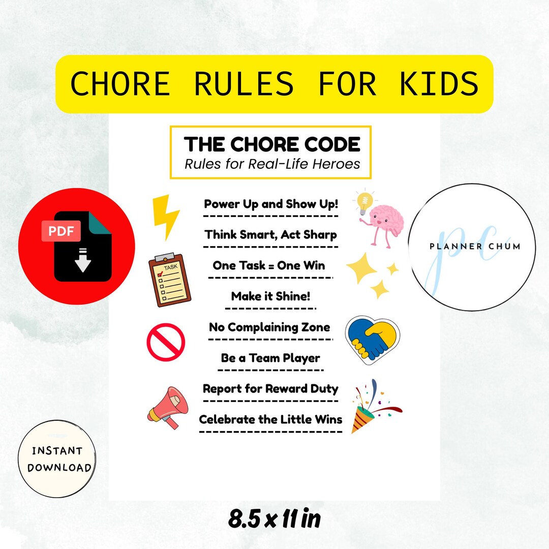 Kids Chore Rules, Printable Chore, Summer Rules for Kids, Kids Room ...