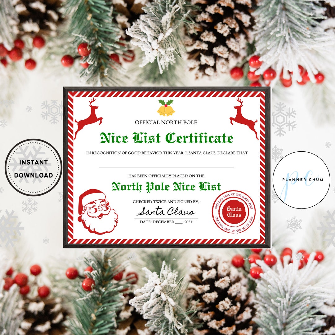 Santa's Nice List Certificate, Printable Official Nice List, Xmas Eve ...