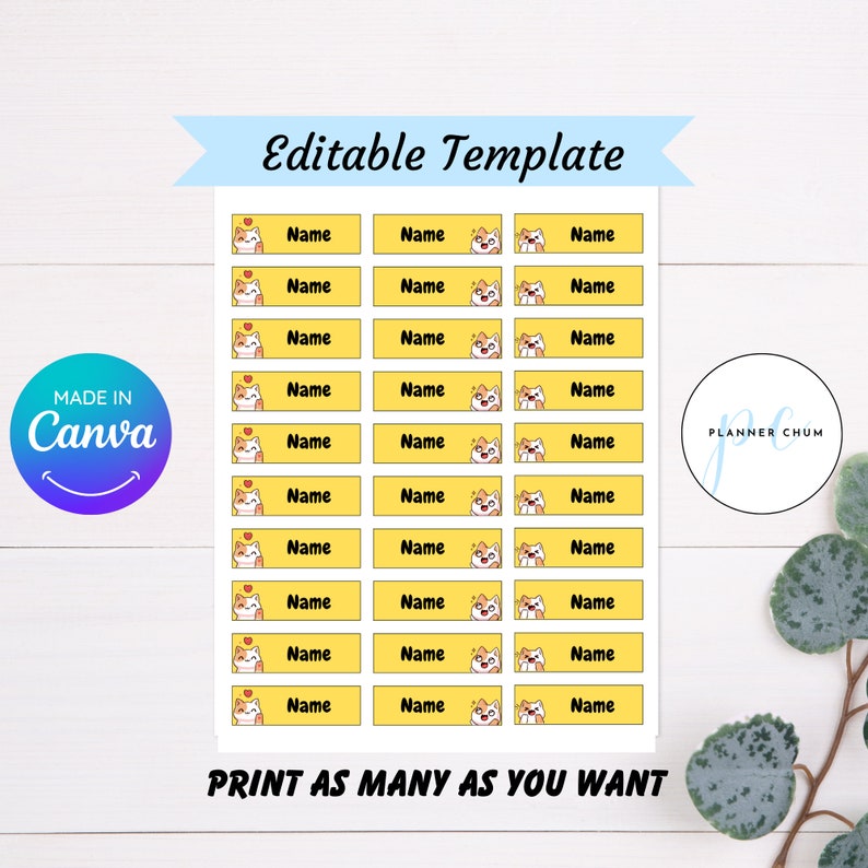 Kawaii Cat Canva Editable School Labels Template, Back to School Gift ...