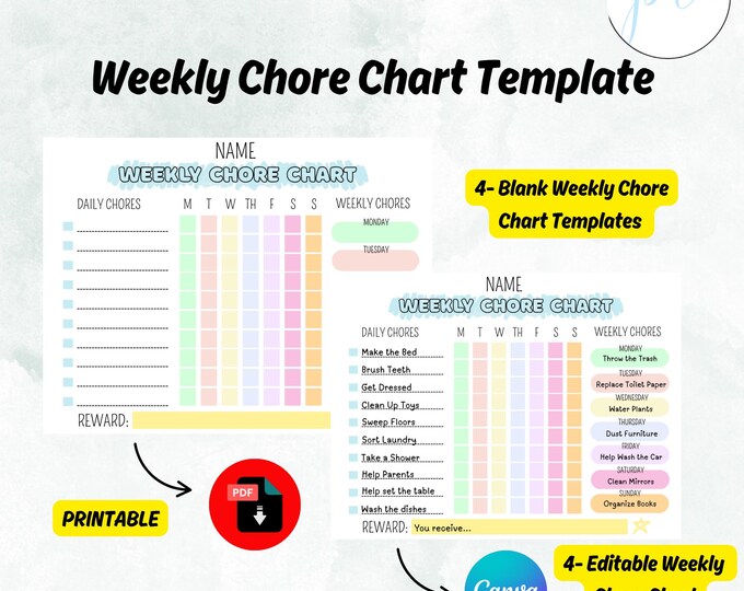 Chore Chart for Kids, Chore Chart Printable, Editable Chart, Weekly ...
