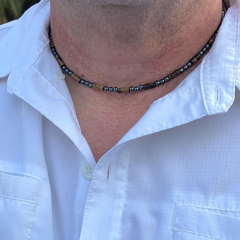 Mens Tiger Eye Hematite Beaded Necklace: Handmade Natural Stone Jewelry ...