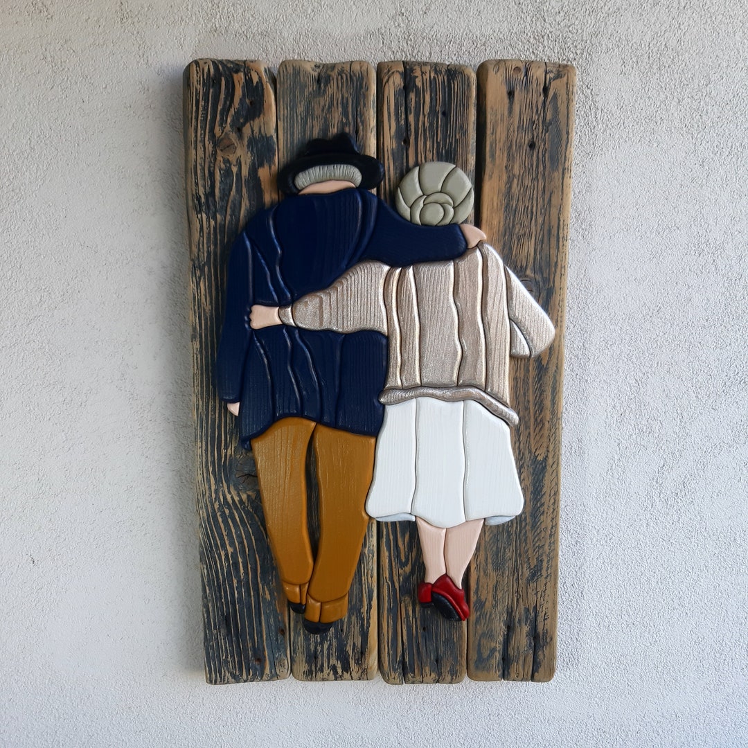 Intarsia Wood Art Old Couple, Scroll Saw Intarsia Pattern, Wood Carving ...