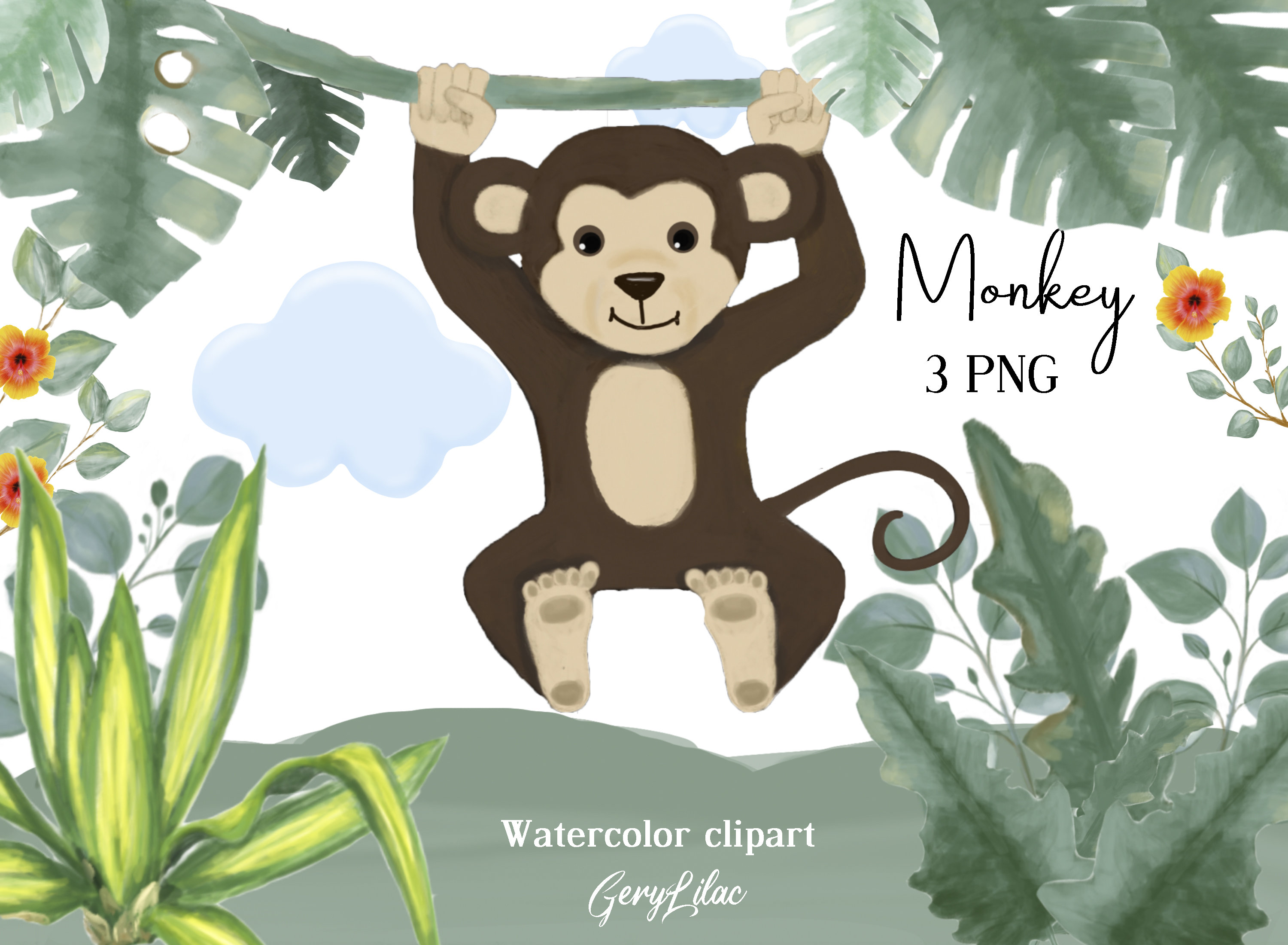Watercolor Monkey Png, Safari Animal Clipart, Savannah Animal Clipart ...