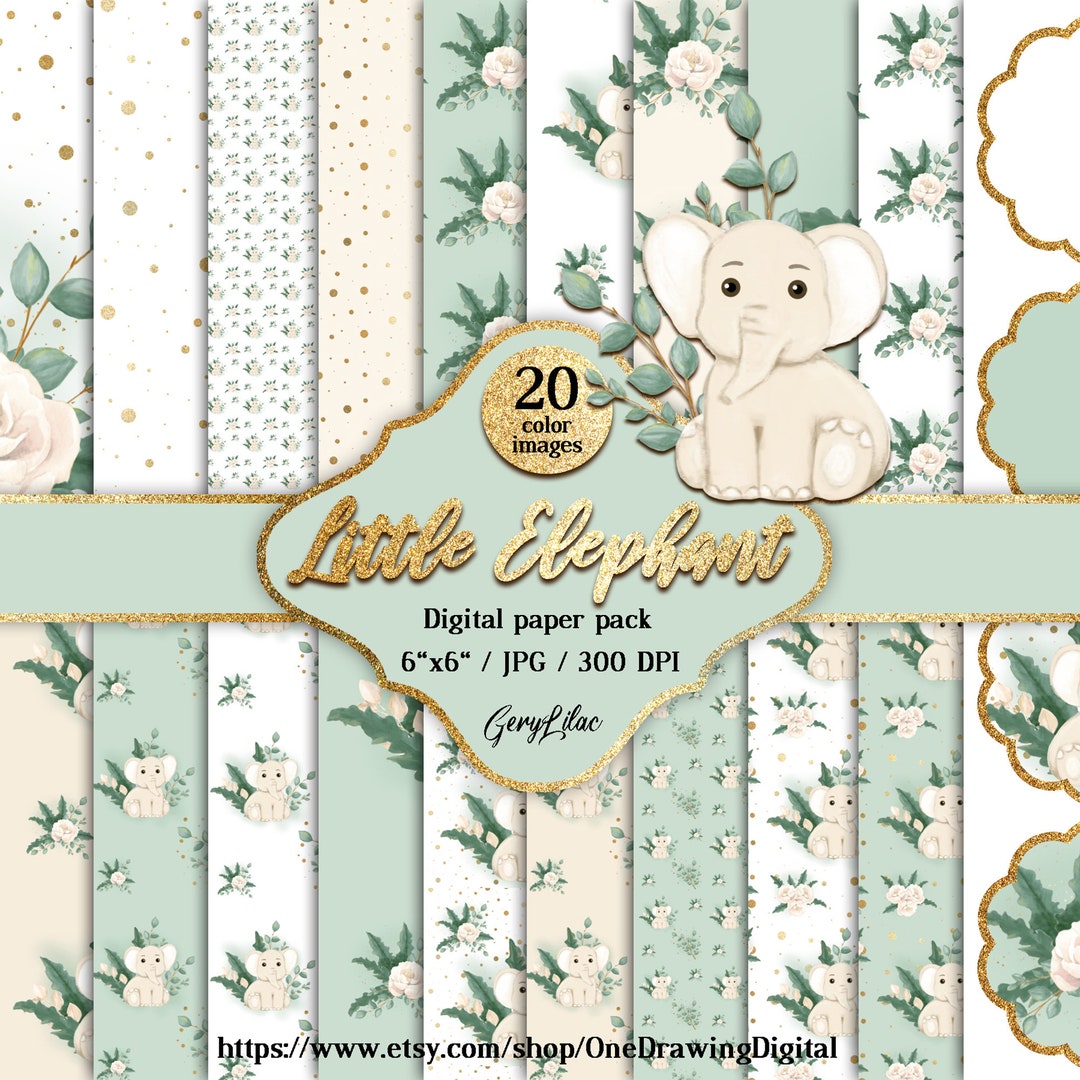 Little Elephant Digital Paper, Elephant Baby Shower, Digital Paper Pack ...