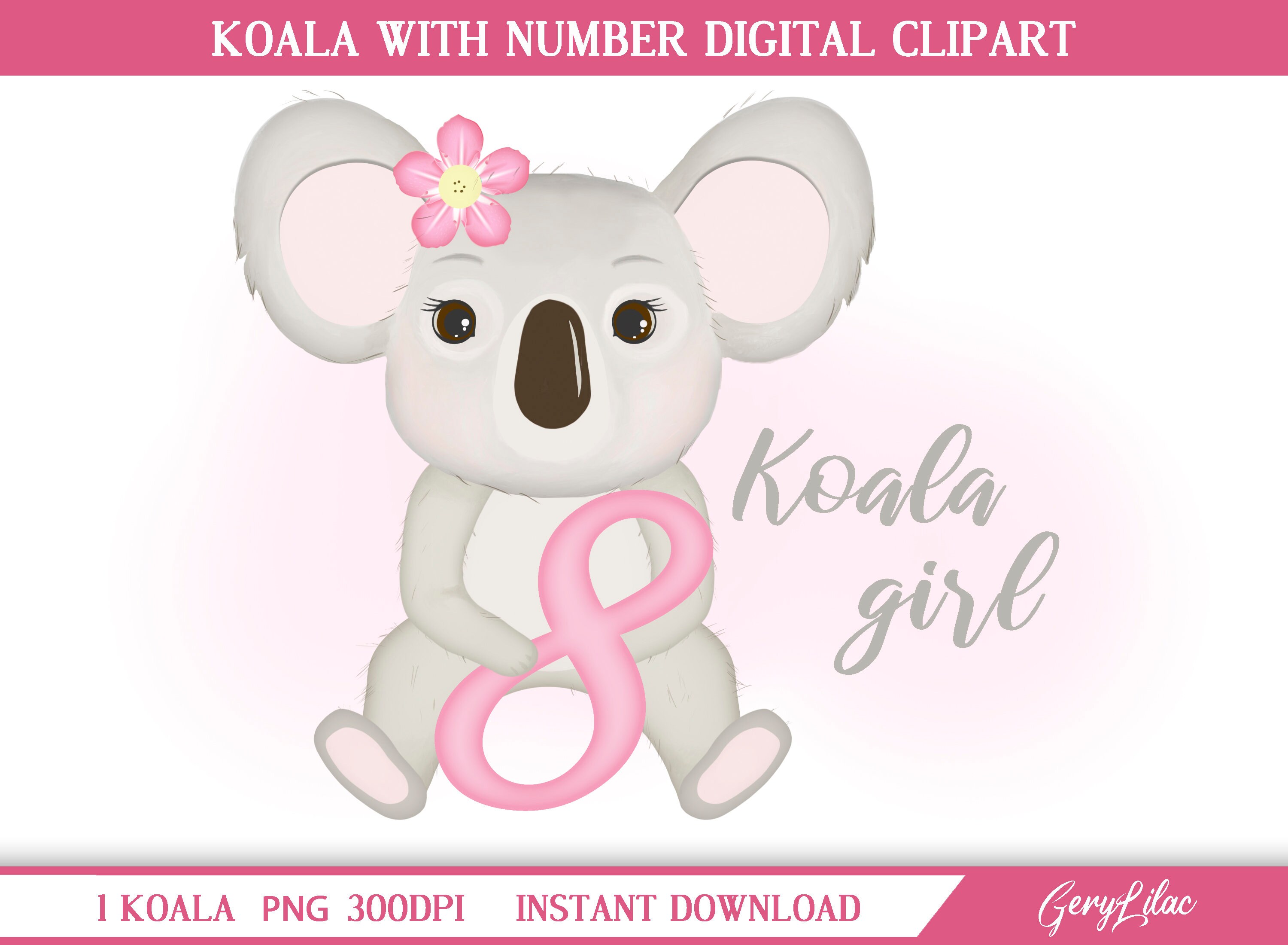 Watercolocr Doodle Koala Clipart,8th Birthday, Koala Girl, Instant ...