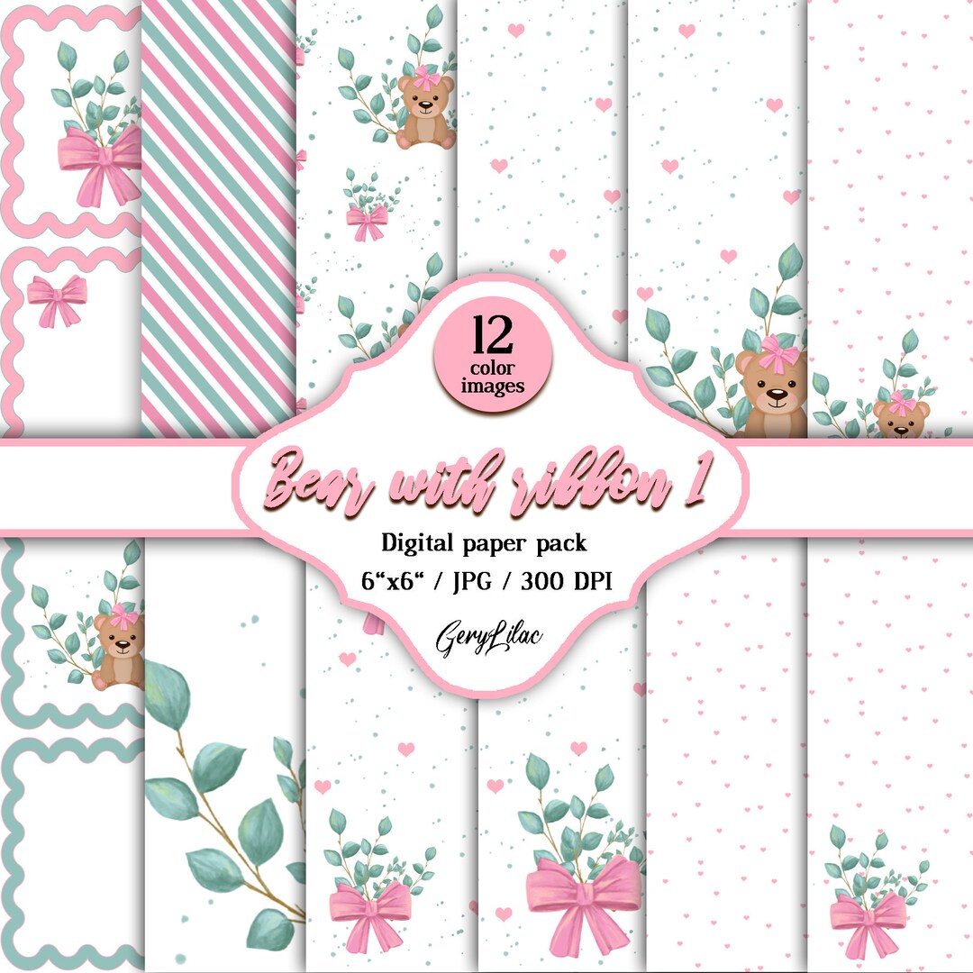 Bear Digital Paper, Teddy Bear Baby Shower, Bear With Ribbon Paper ...