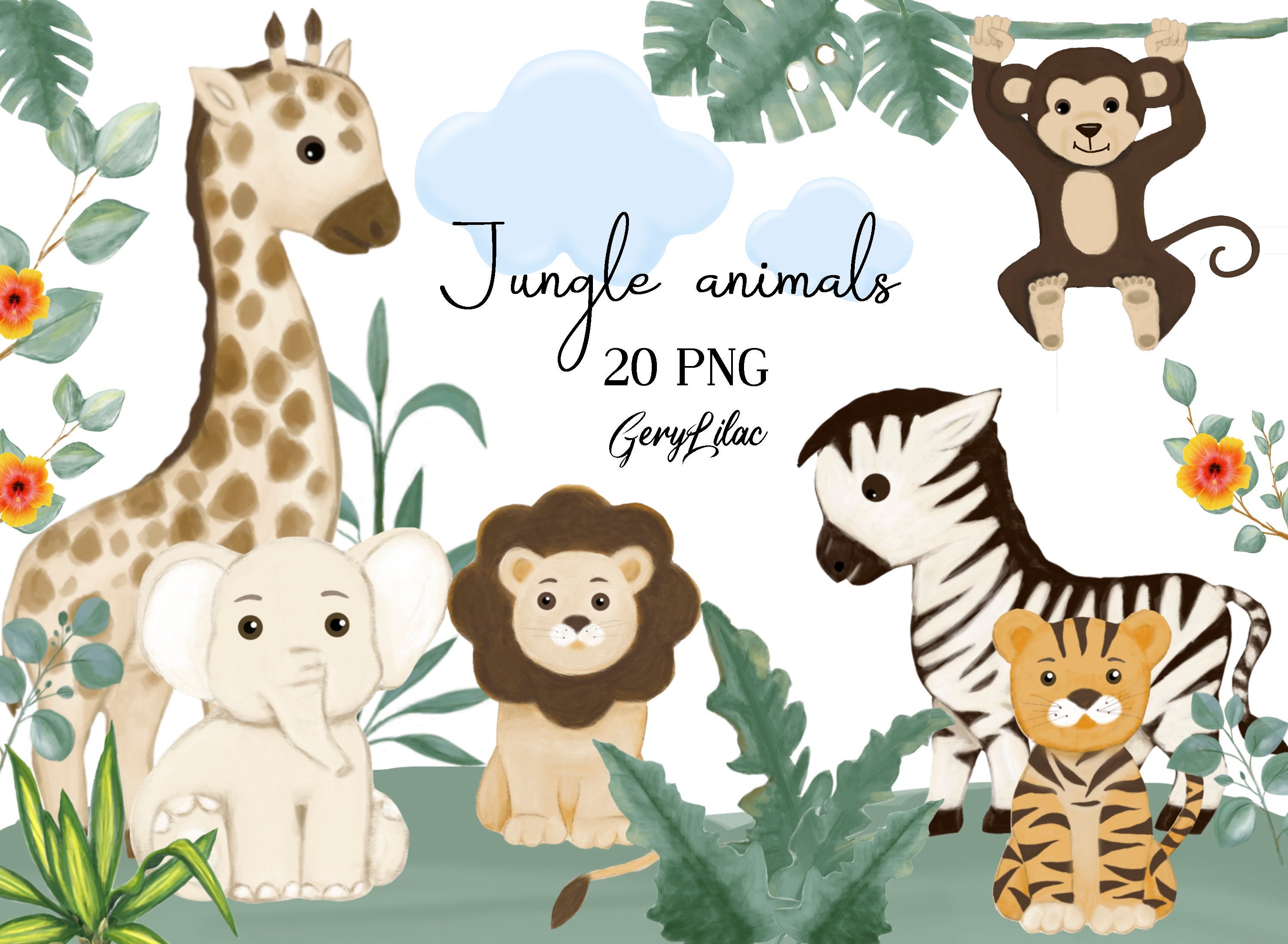 Watercolor Jungle Animal Clipart, Safari Animal Clipart, Savannah ...