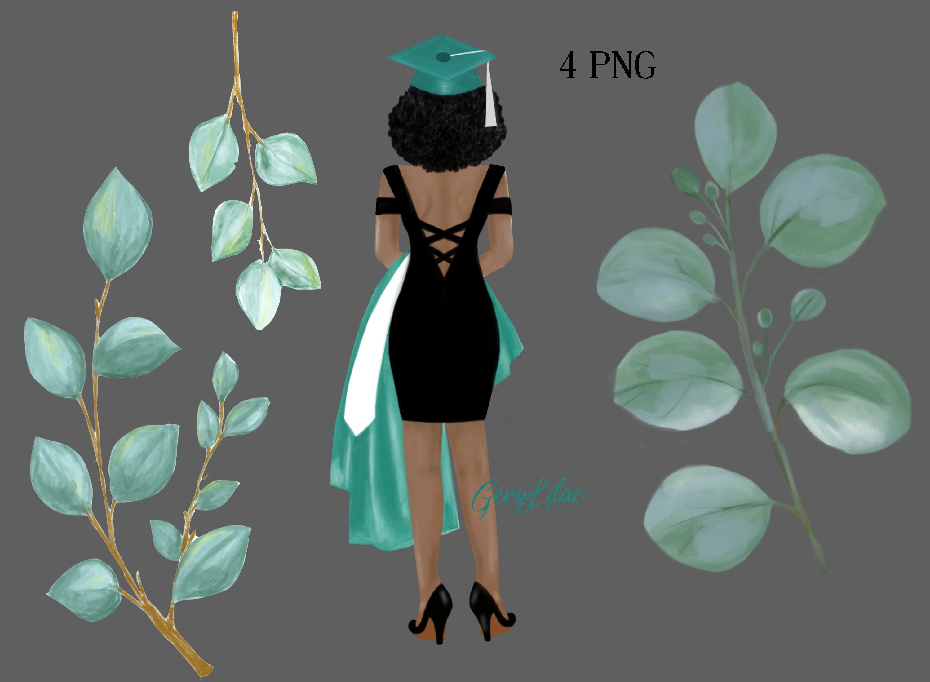 Watercolor Graduation Girl Clipart, Green Leaves Png, Graduation PNG ...