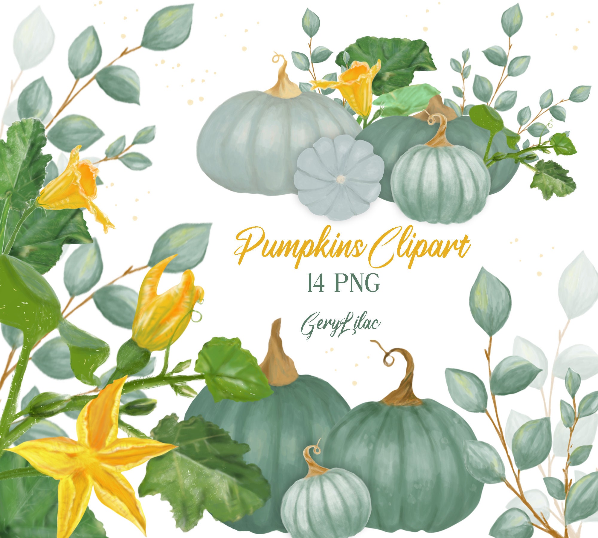 Cute Watercolor Pumpkin Clipart Green and White Fall - Etsy