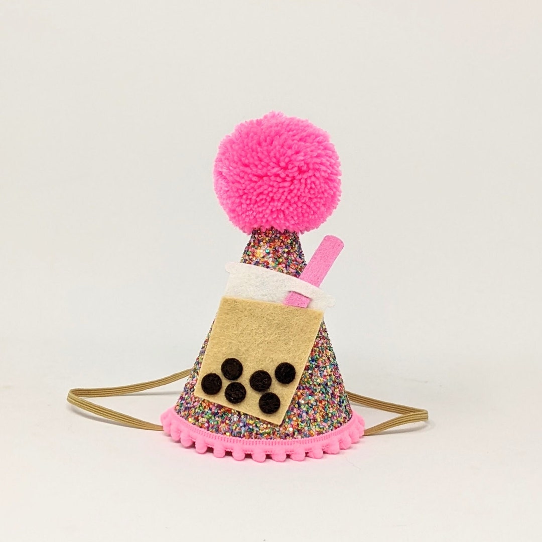 Boba Tea Birthday Party Hat: Candy Sprinkle Glitter, Pink Pom - Etsy