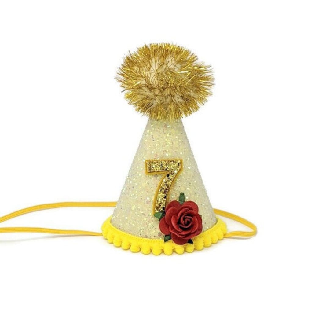 Princess Belle Birthday Party Hat: Yellow Glitter, Gold Tinsel Pom - Etsy