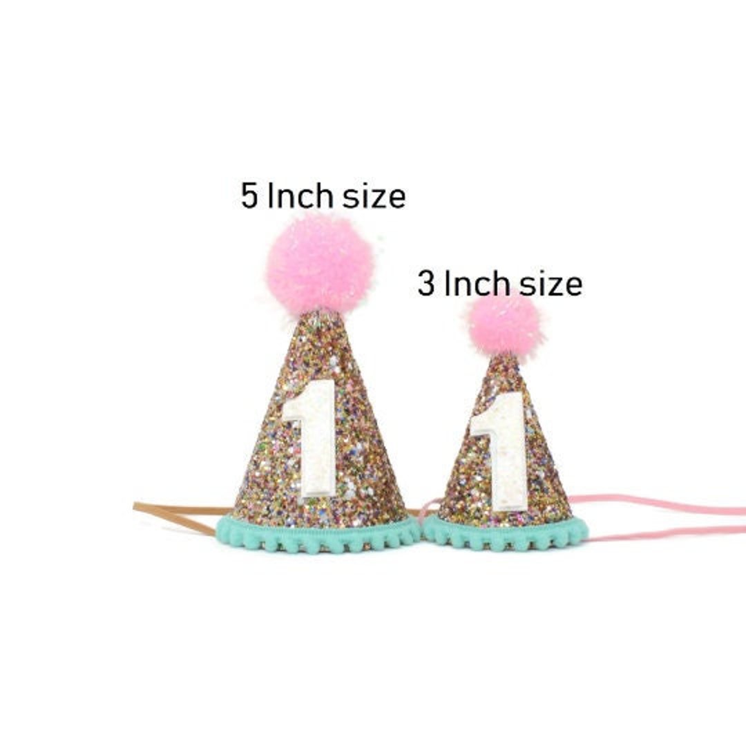 First Birthday Party Hat, Confetti Party Hat, Aqua Trim and Pink Tinsel ...