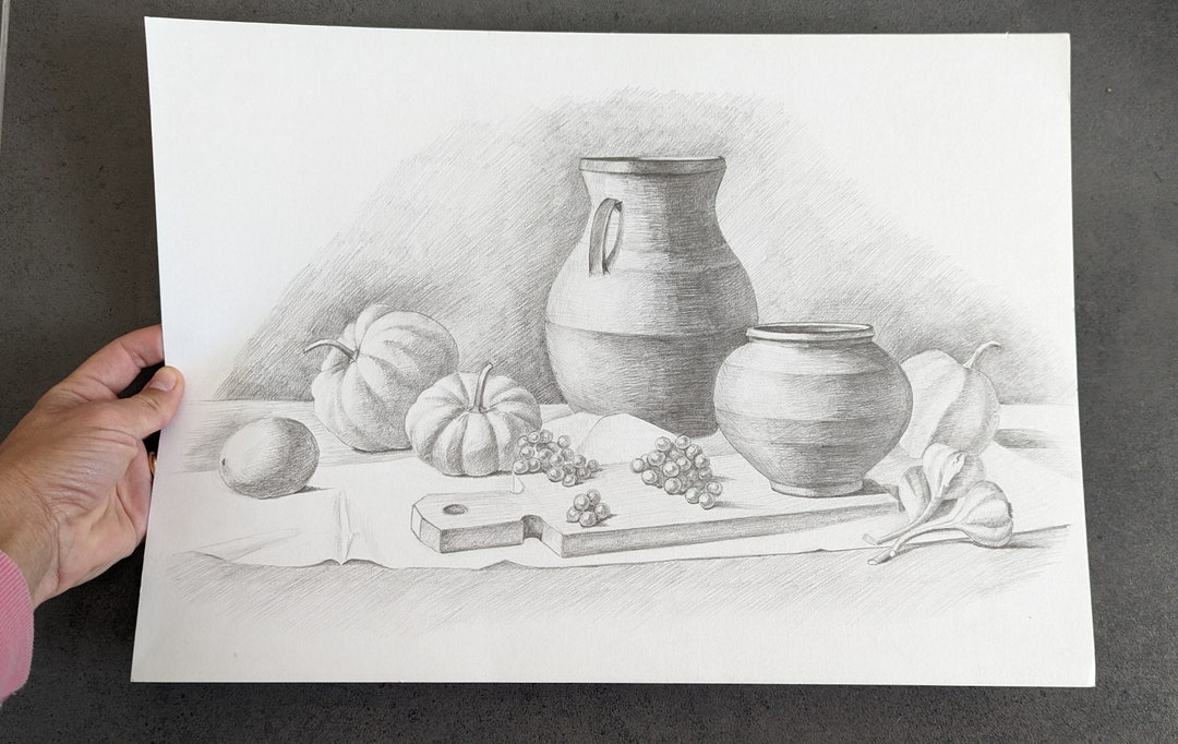 Pots and Berries Still Life Graphite Pencil Drawing Original Pumpkins ...
