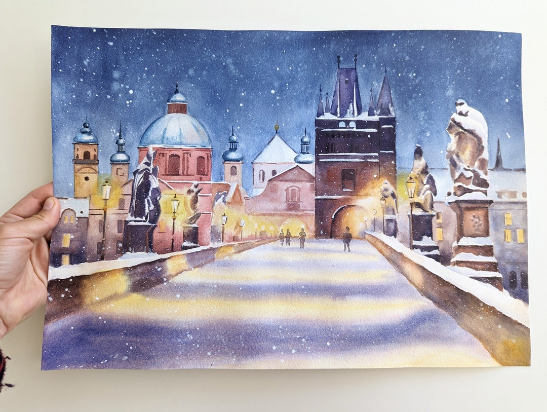 Winter Prague Cityscape Original Watercolor Painting Charles Bridge ...