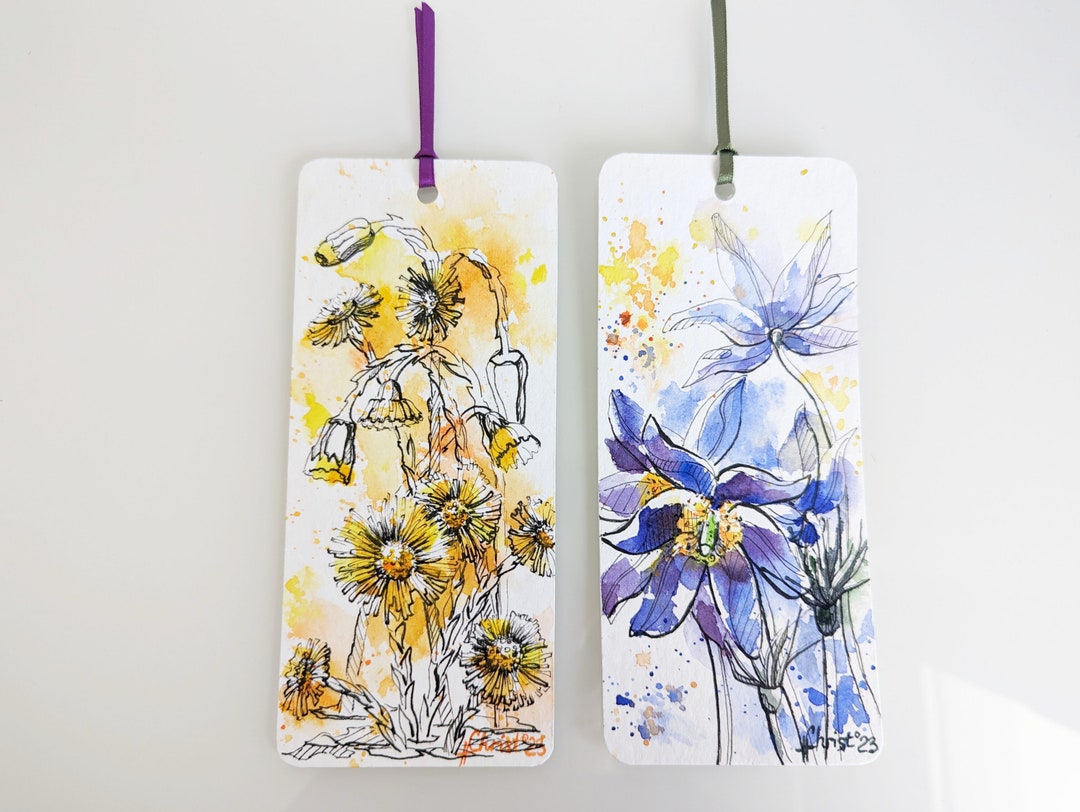 Set of 2 Bookmarks Wild Flowers Watercolor Ink & Pen Bookmark Original ...