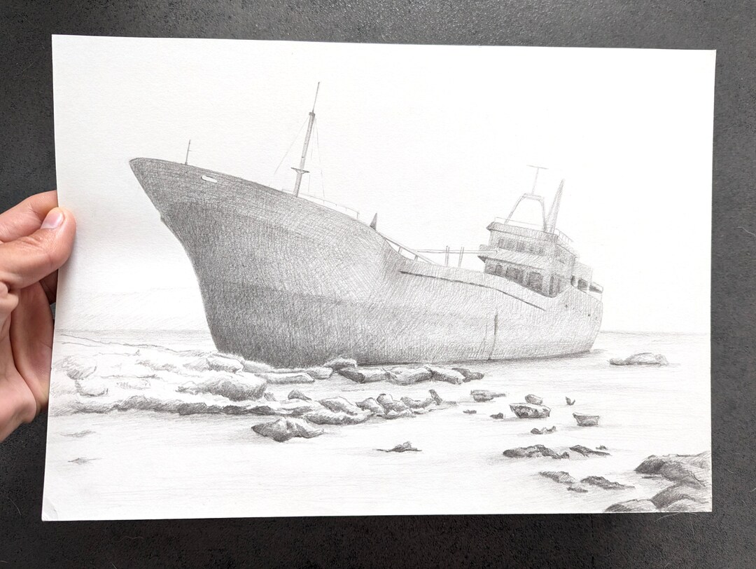 Old Ship Graphite Pencil Drawing Original Hand Drawn Artwork Handmade ...