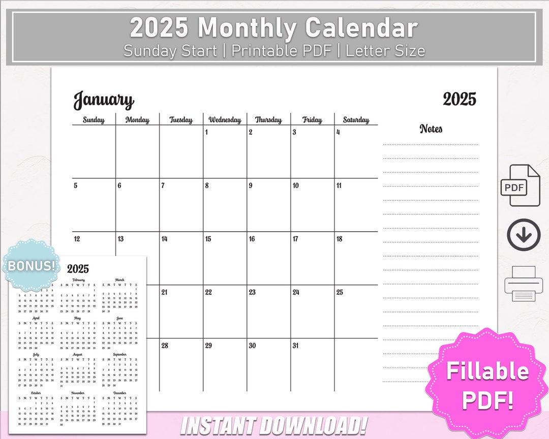 2025 Calendar 2025 Monthly Planner Fillable Minimalist Monthly Calendar ...