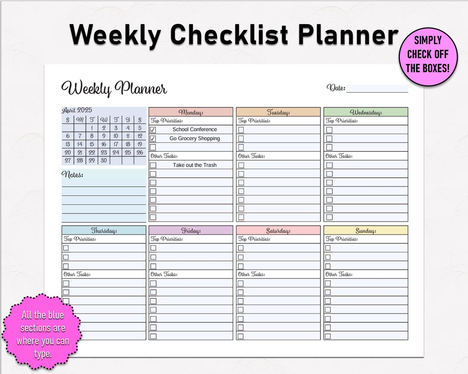Weekly Checklist Planner: Fillable To-do List (printable PDF) - Etsy