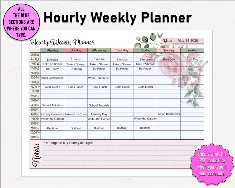 Hourly Weekly Planner Template: Fillable Schedule Organizer (PDF ...
