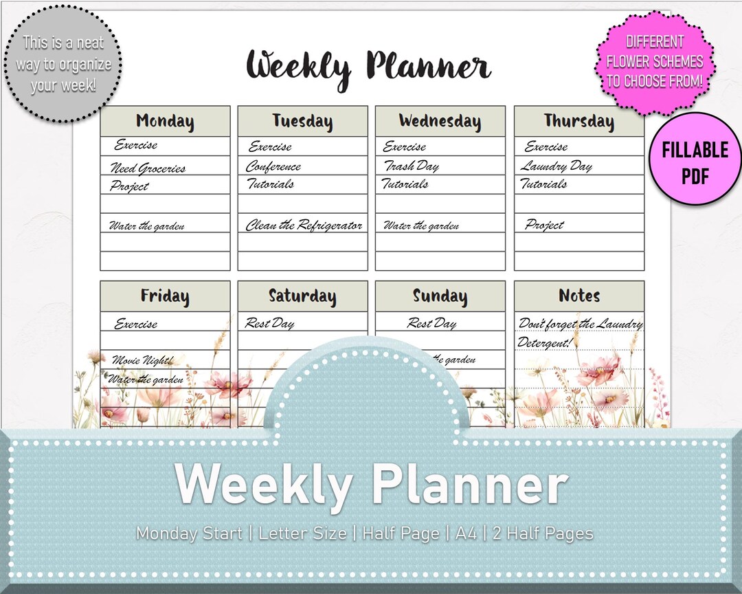 Weekly to Do List Floral Weekly Planner Printable PDF Weekly Organizer ...