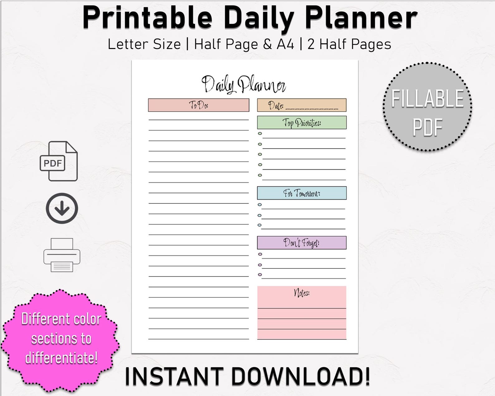 Printable Daily Planner Template Fillable Daily Planner PDF Digital ...