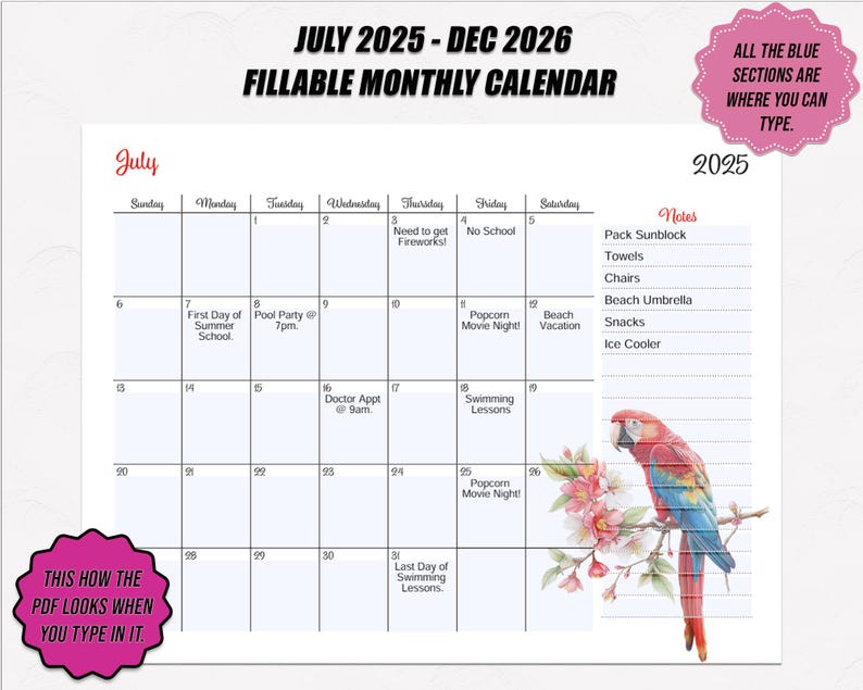2025-2026 Bird Calendar: Fillable Monthly Planner (PDF Download) - Etsy
